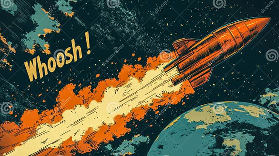 Retro Comic Style Rocket Launching into Space with Text Whoosh Stock ...