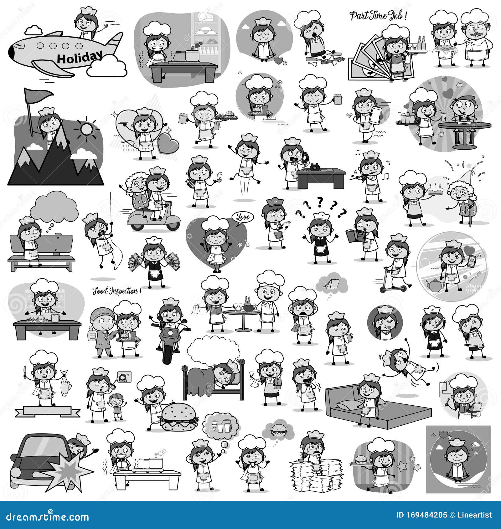 Retro Comic Waitress - Set Of Concepts Vector Illustrations ...