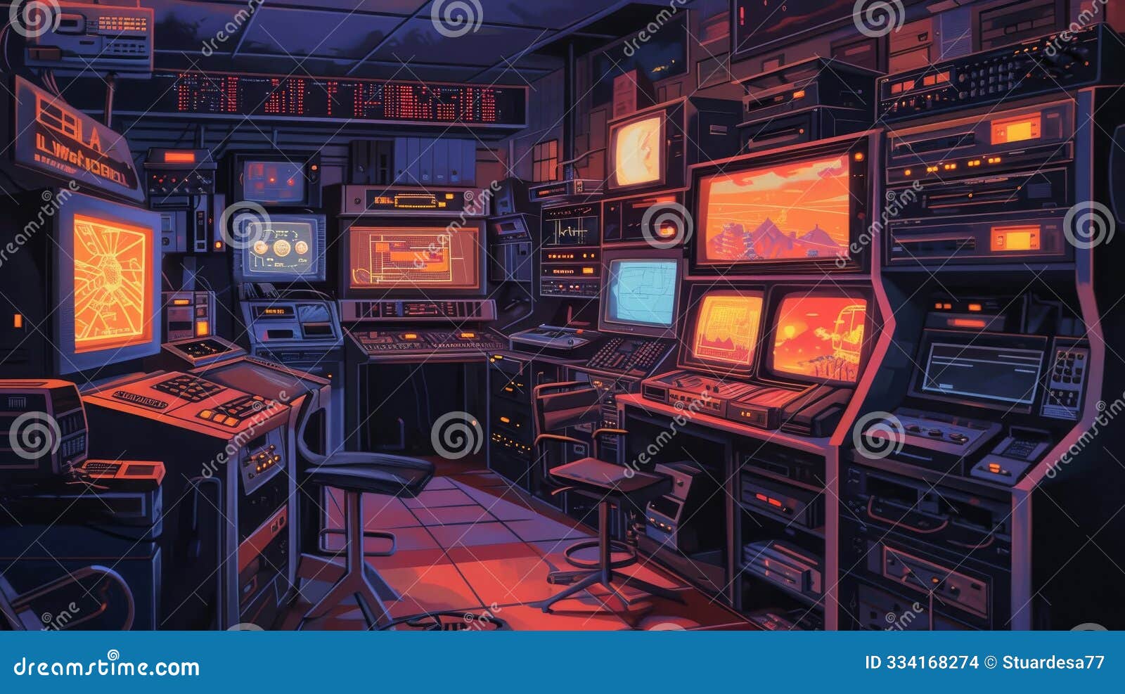 Retro Command Center with Multiple Glowing Monitors and Equipment Stock ...