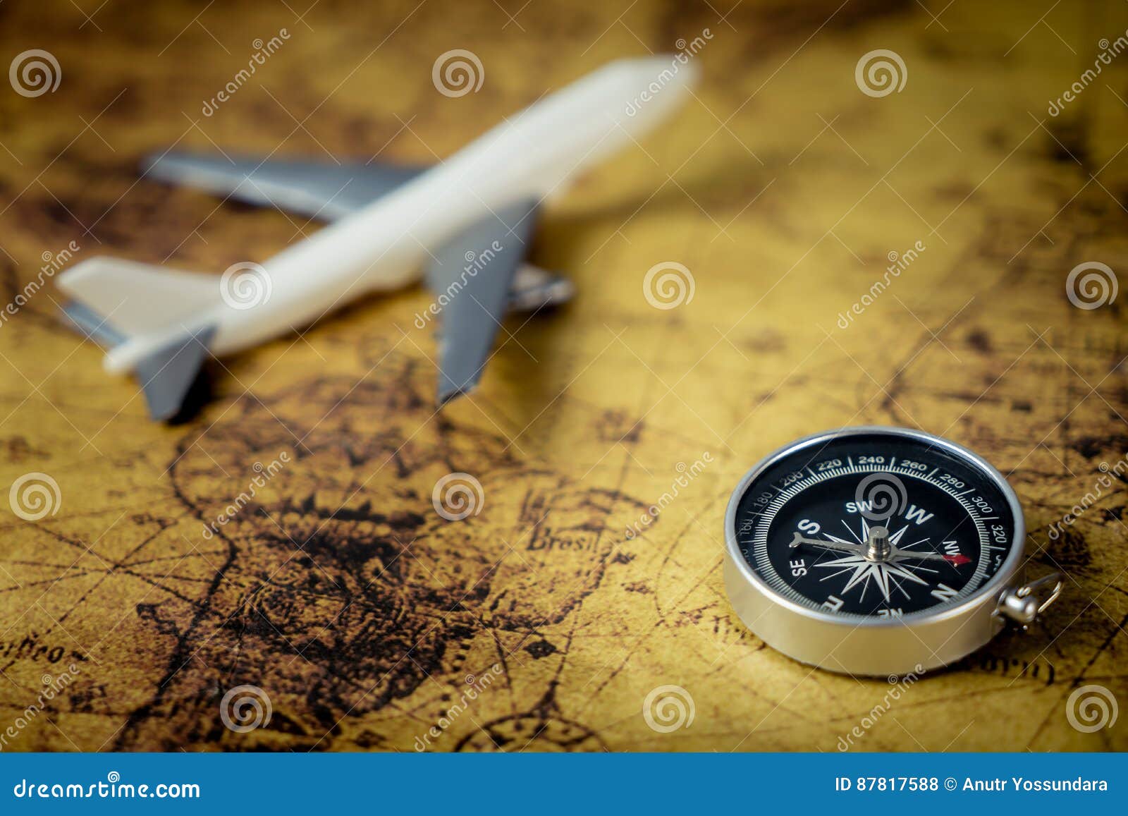 Retro Compass with Airplane on Vintage World Map for Explorer Concept ...