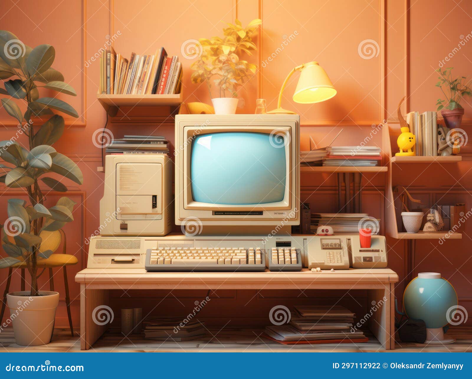 Retro Computer with Colorful Light on it, in Tones Pink and Purple ...