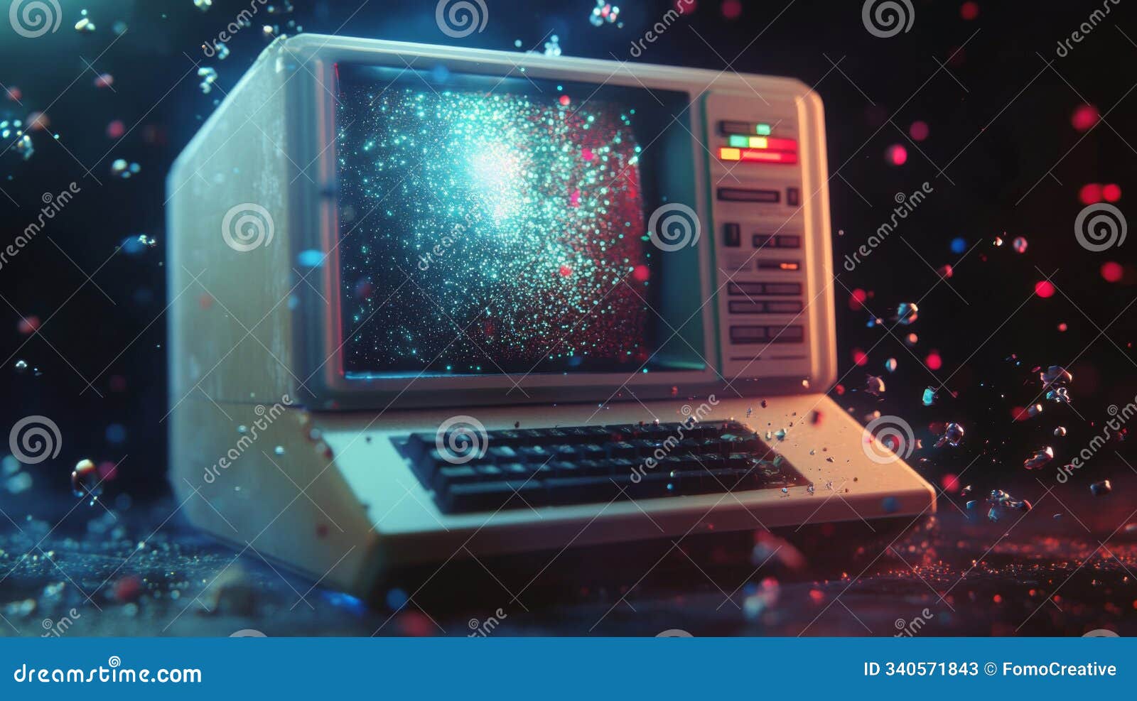 Retro Computer with Glittering Screen and Falling Particles Stock ...