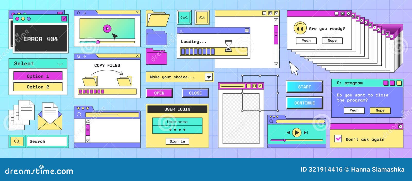 Retro Computer Screen Interface with Windows, Folder, File and Message Frames Stock Vector ...