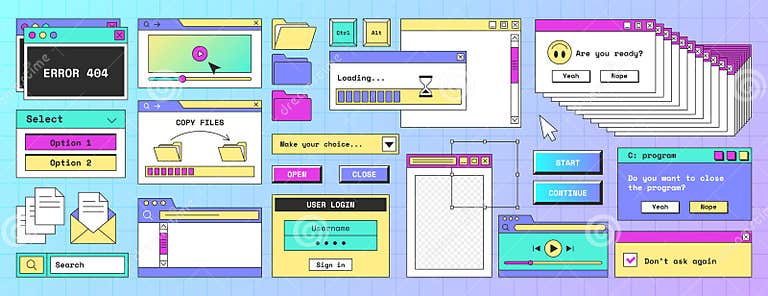 Retro Computer Screen Interface with Windows, Folder, File and Message ...