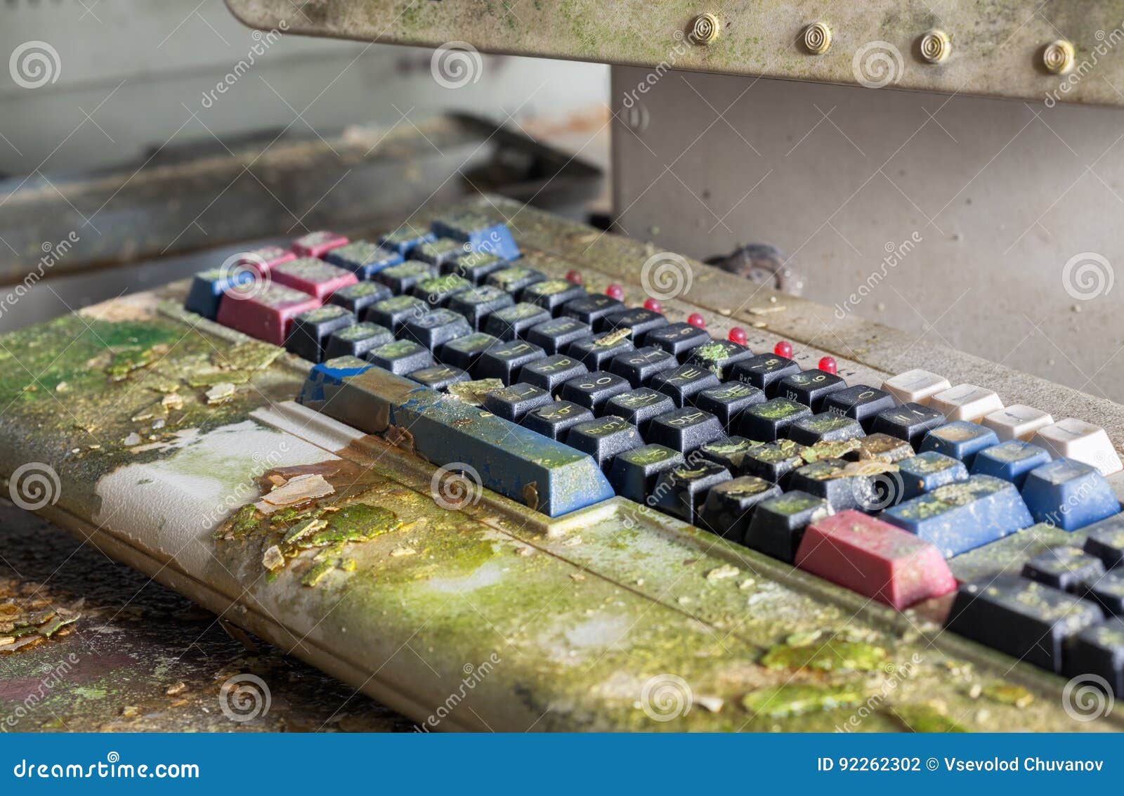 Retro Computer Keyboard Covered with Moss. Focus on the Center of the ...