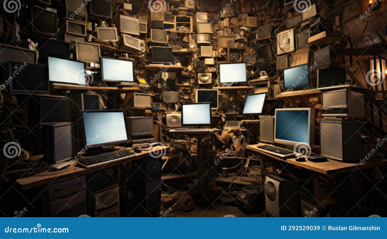 Retro Computer Monitors Various Data Located on Desk in Dark Room of ...