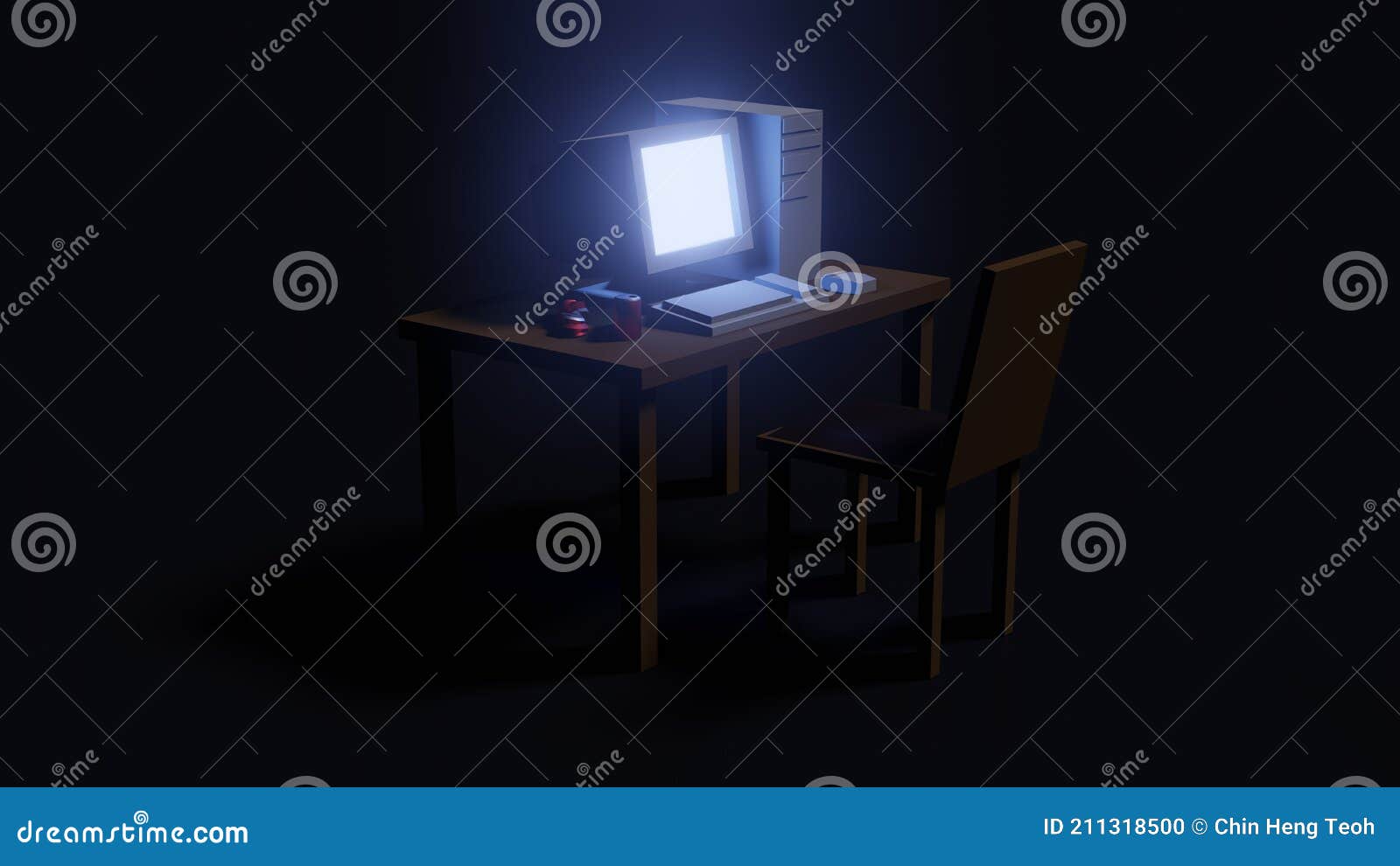 Retro Computer Old Technology on Table with Chair at Night. Low Poly 3D ...