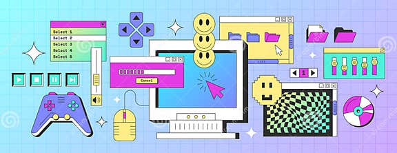 Retro Computer Screen Interface With Windows Folder Buttons Happy Smile Faces Browser And 3597