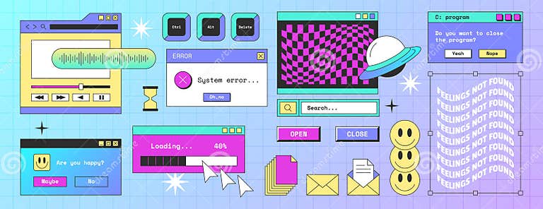 Retro Computer Screen Interface with Windows, Folder, Popup ...