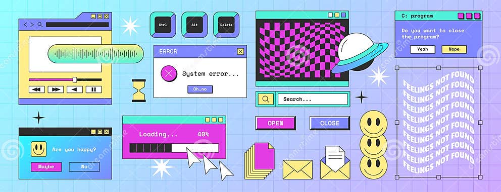 Retro Computer Screen Interface with Windows, Folder, Popup ...