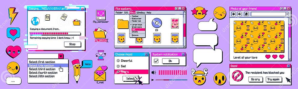 Retro Computer Screen Interface Windows Frames Stock Vector