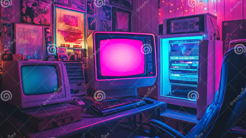 Retro Computer Setup with Neon Lighting and Vintage Aesthetics Stock ...