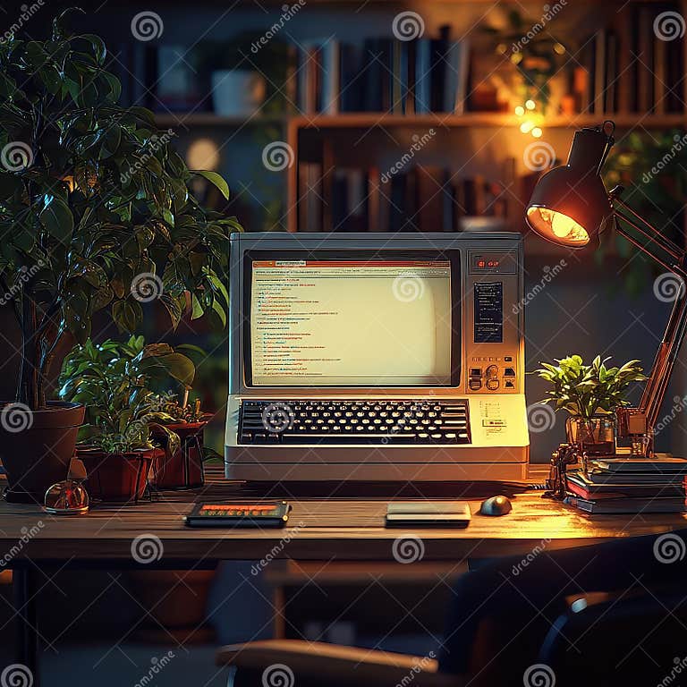 Retro Computer Setup with Plants and Books for Coding and Working at ...