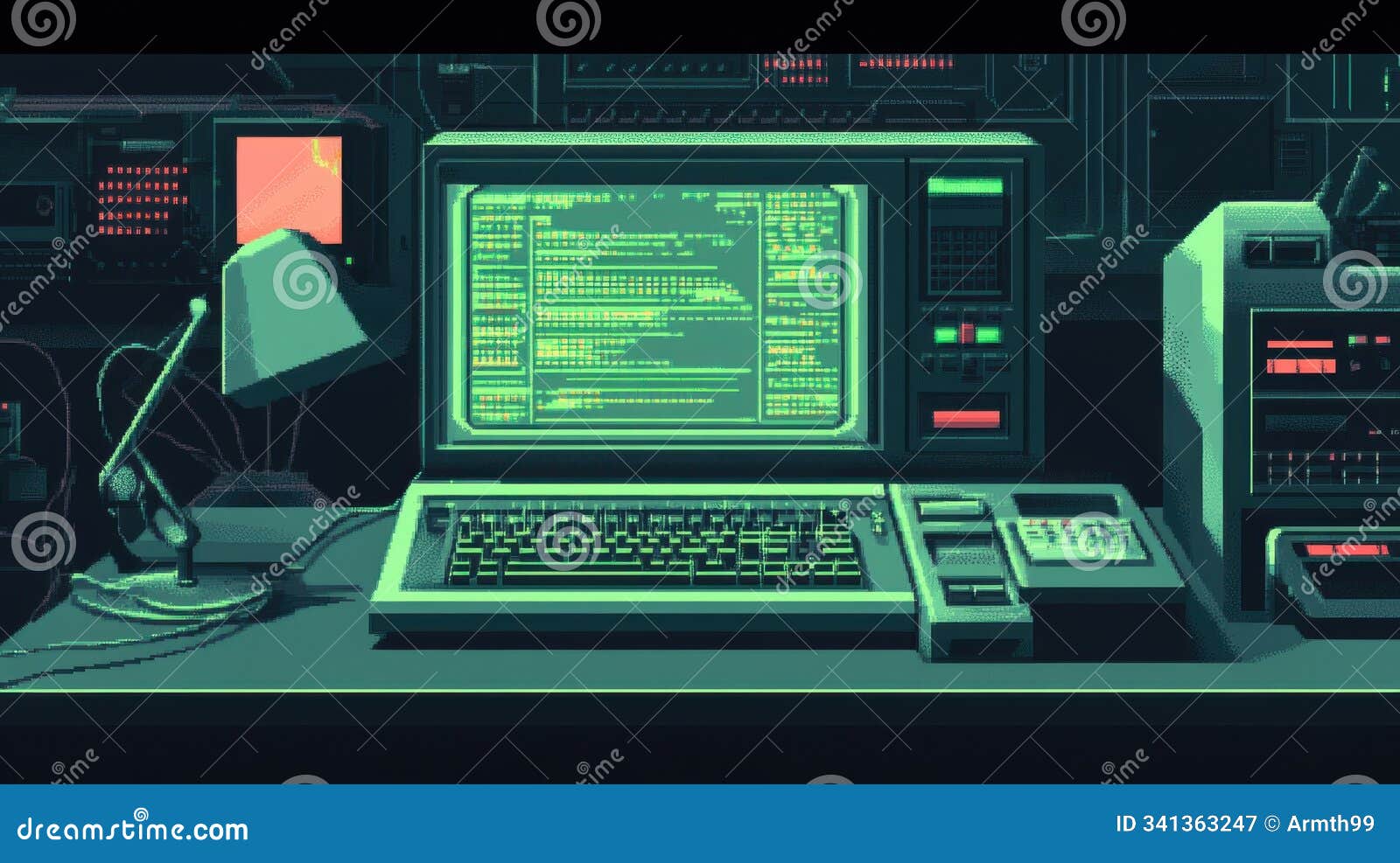 Retro Computer Workstation with Green Screen and Lamp Stock ...