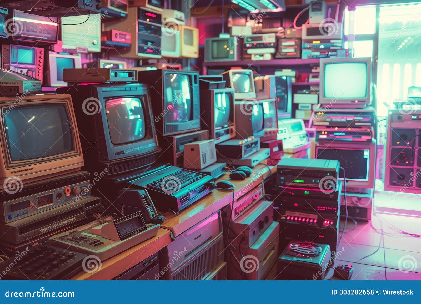 Retro Computers Lit by Neon Lights, 90s Aesthetic, AI-generated. Stock ...