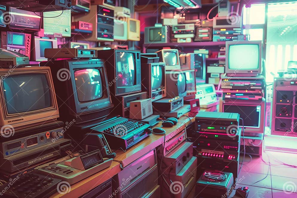 Retro Computers Lit by Neon Lights, 90s Aesthetic, AI-generated. Stock ...