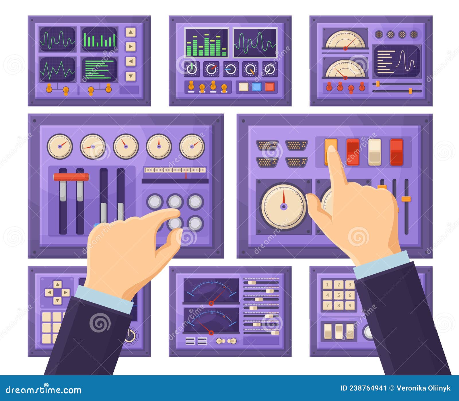 Retro Control Dashboard Panel with Operator Hands, Console Connection ...