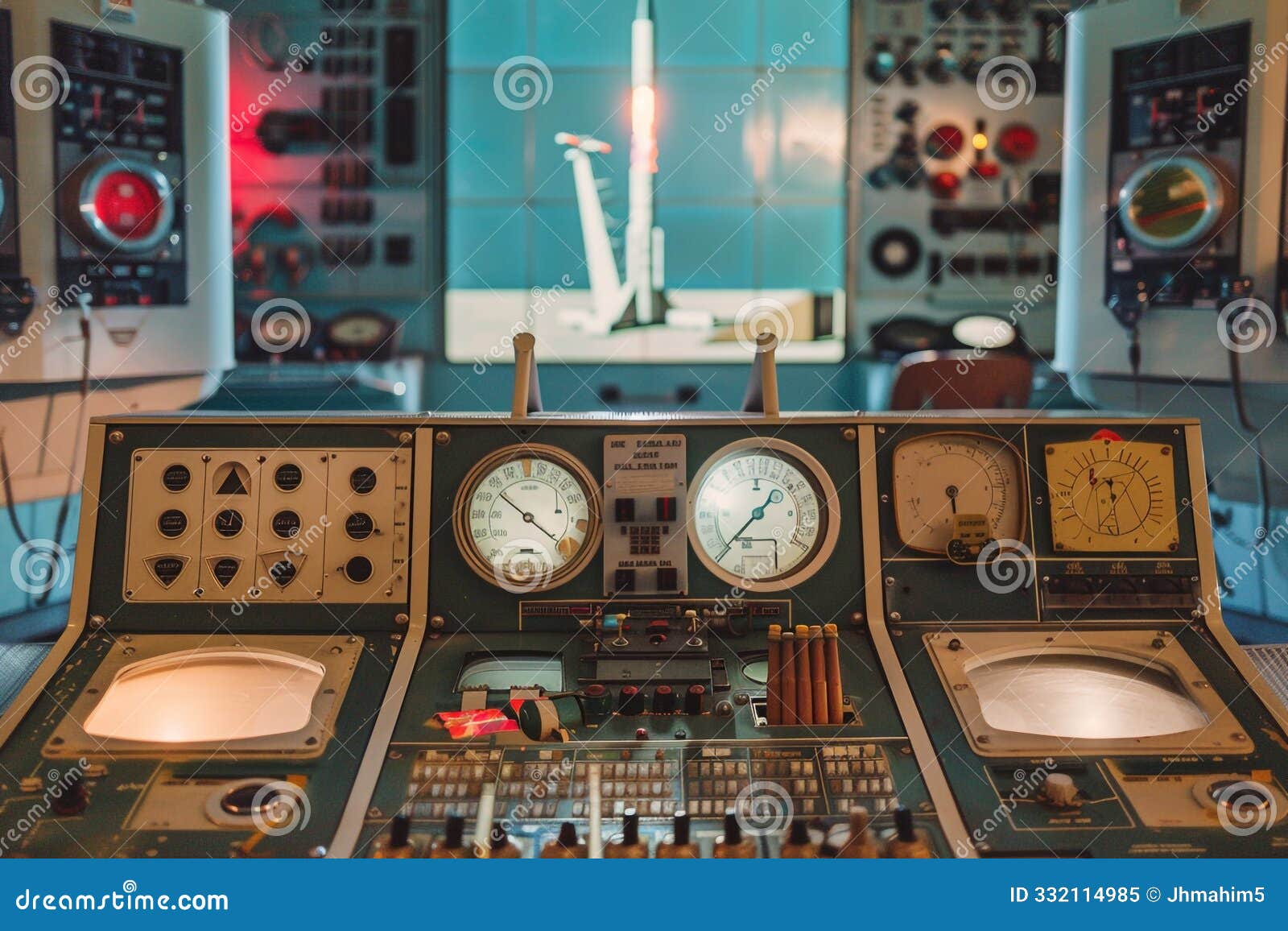 A Retro Control Room with Analog Dials and Levers Overseeing the Launch ...