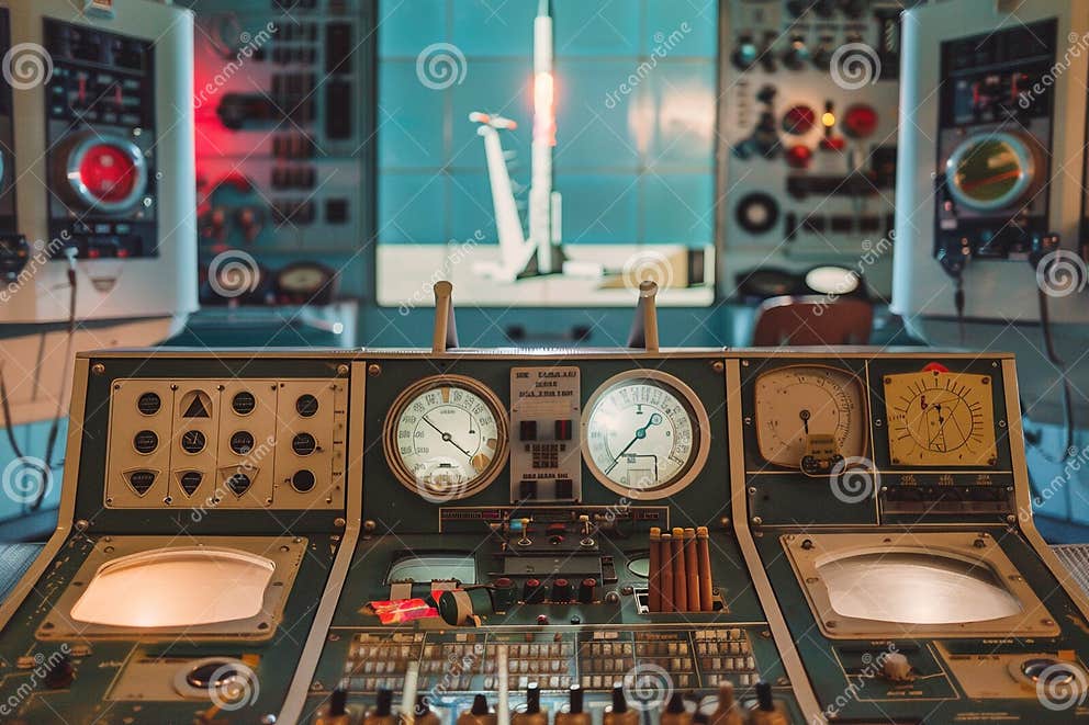 A Retro Control Room with Analog Dials and Levers Overseeing the Launch ...