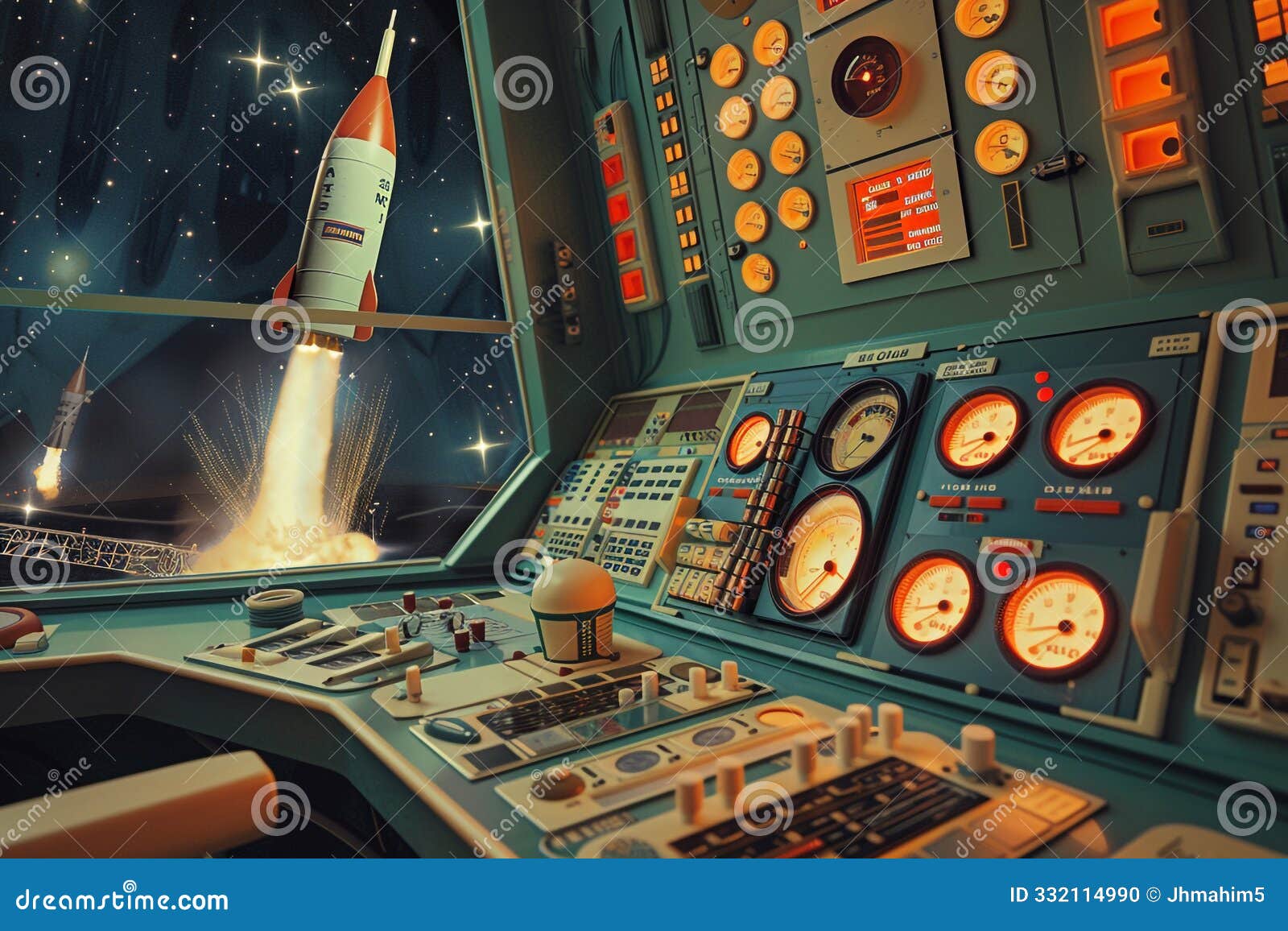 A Retro Control Room with Analog Dials and Levers Overseeing the Launch ...