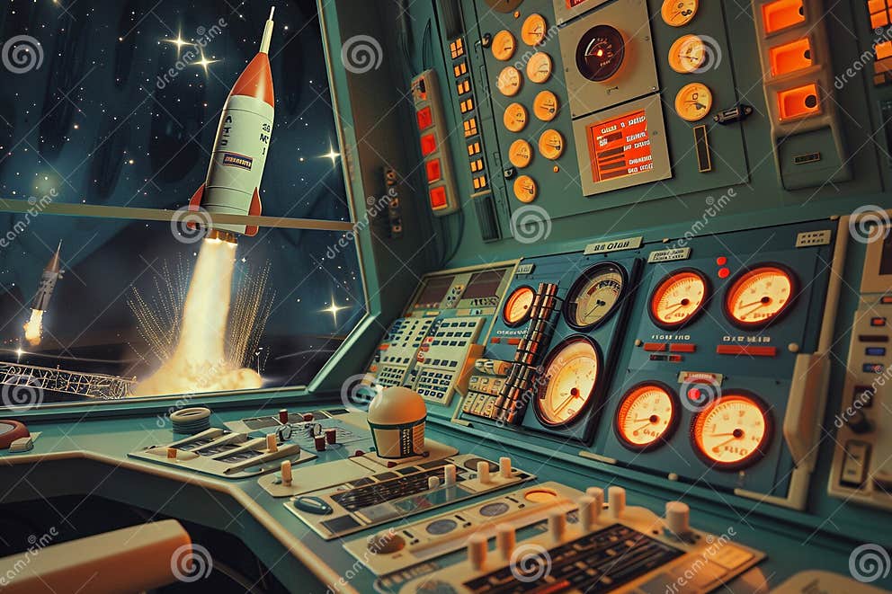 A Retro Control Room with Analog Dials and Levers Overseeing the Launch ...
