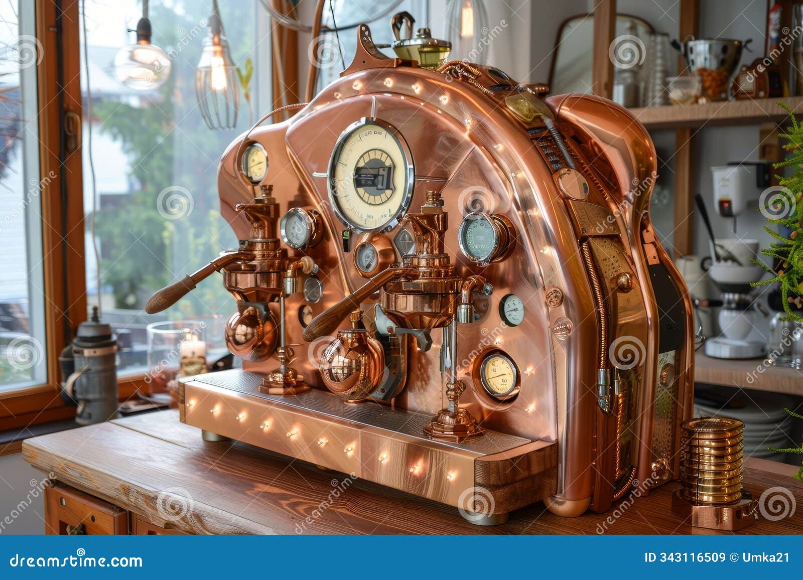 Retro Copper Espresso Machine with Steampunk Design in Cozy Cafe ...