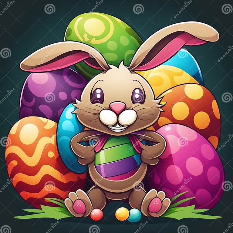 Retro Cute Cartoon Easter Bunny Sitting On The Grass With Dotted