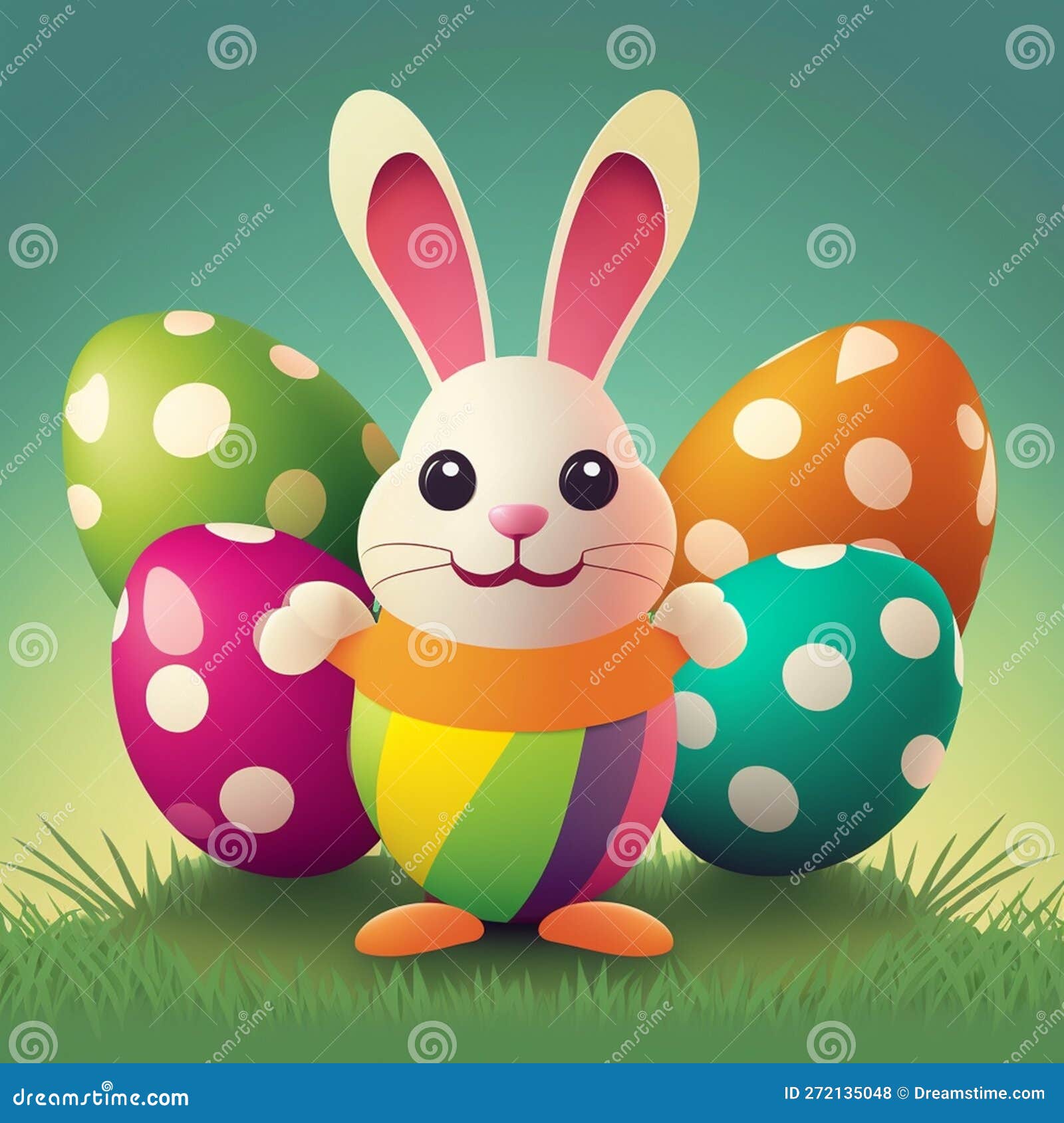 Retro Cute Cartoon Easter Bunny Sitting on the Grass, with Dotted ...