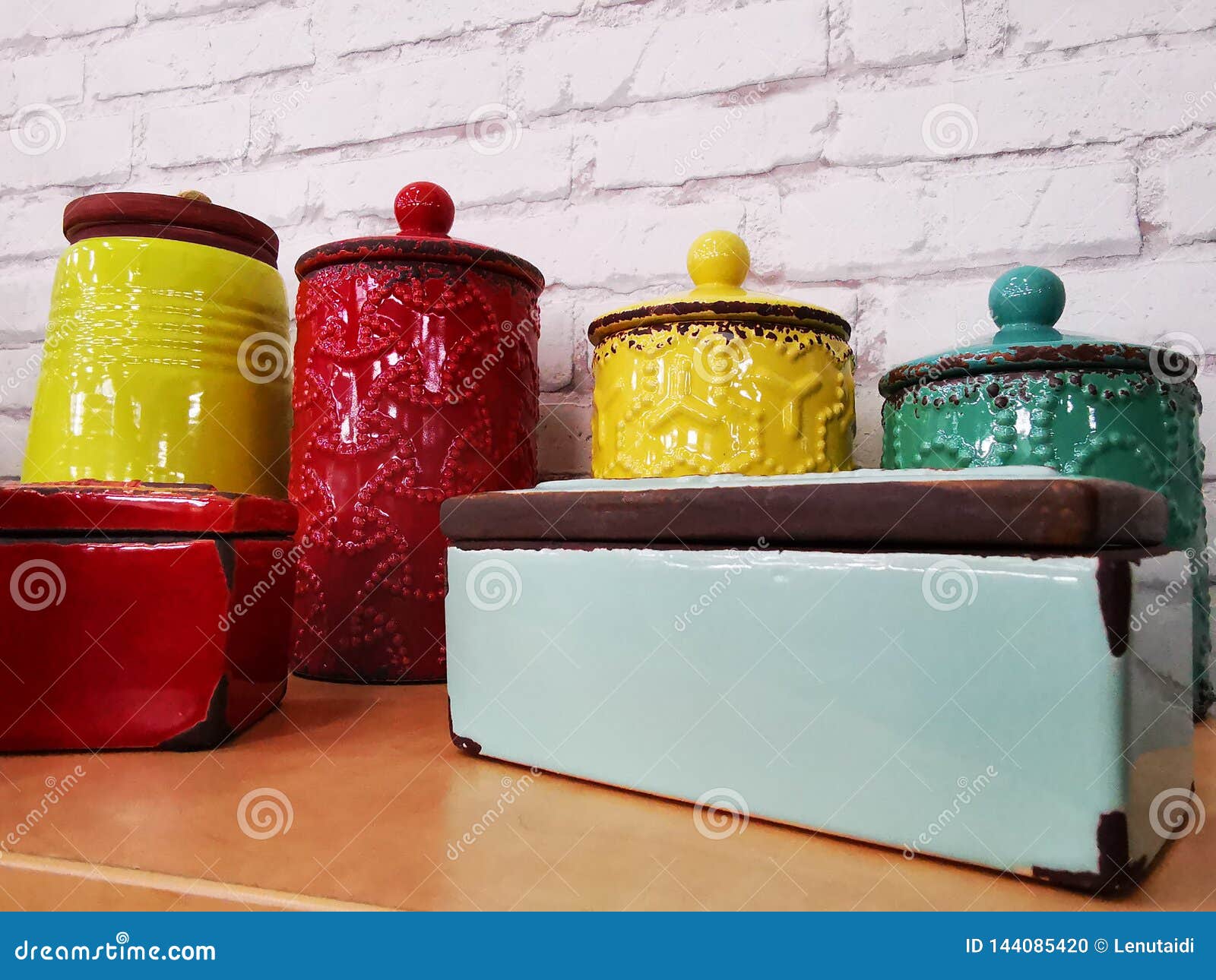 Retro Decorative Colored Ceramic Boxes Stock Photo - Image of interior ...