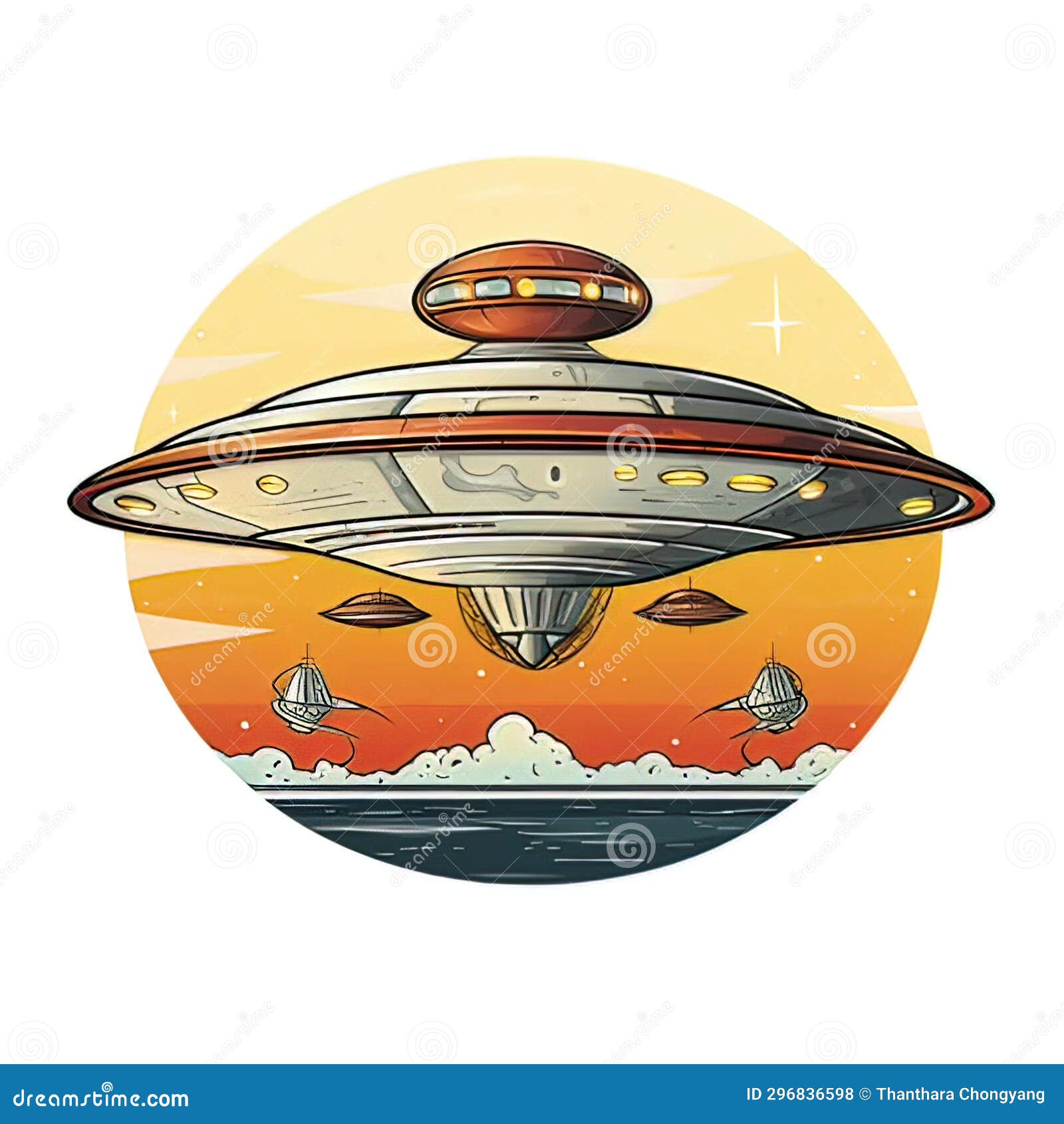 Retro Design of Flying UFO Ship on a White Background Stock ...