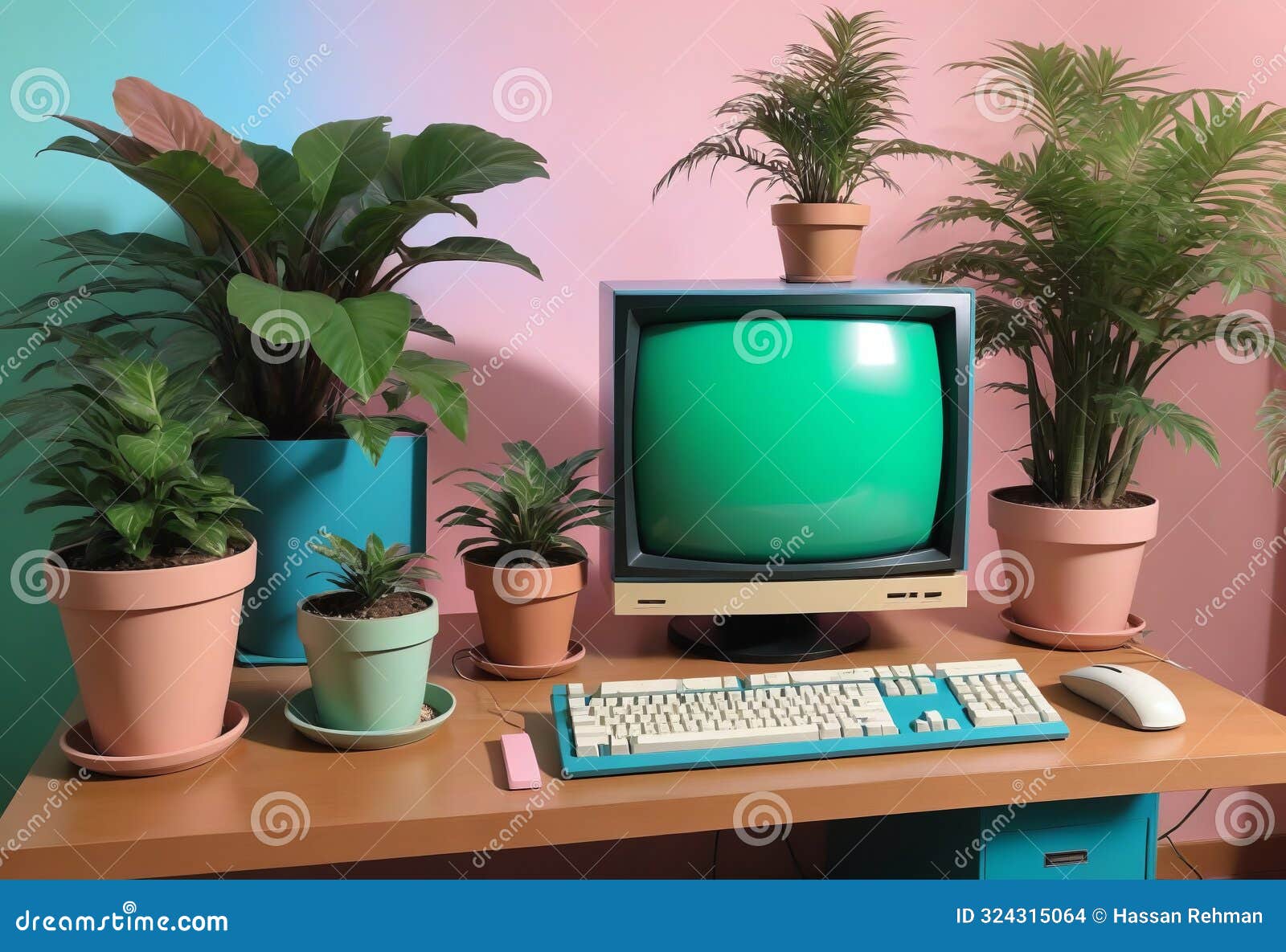 Retro Desktop Computer with Green CRT Monitor Stock Illustration ...