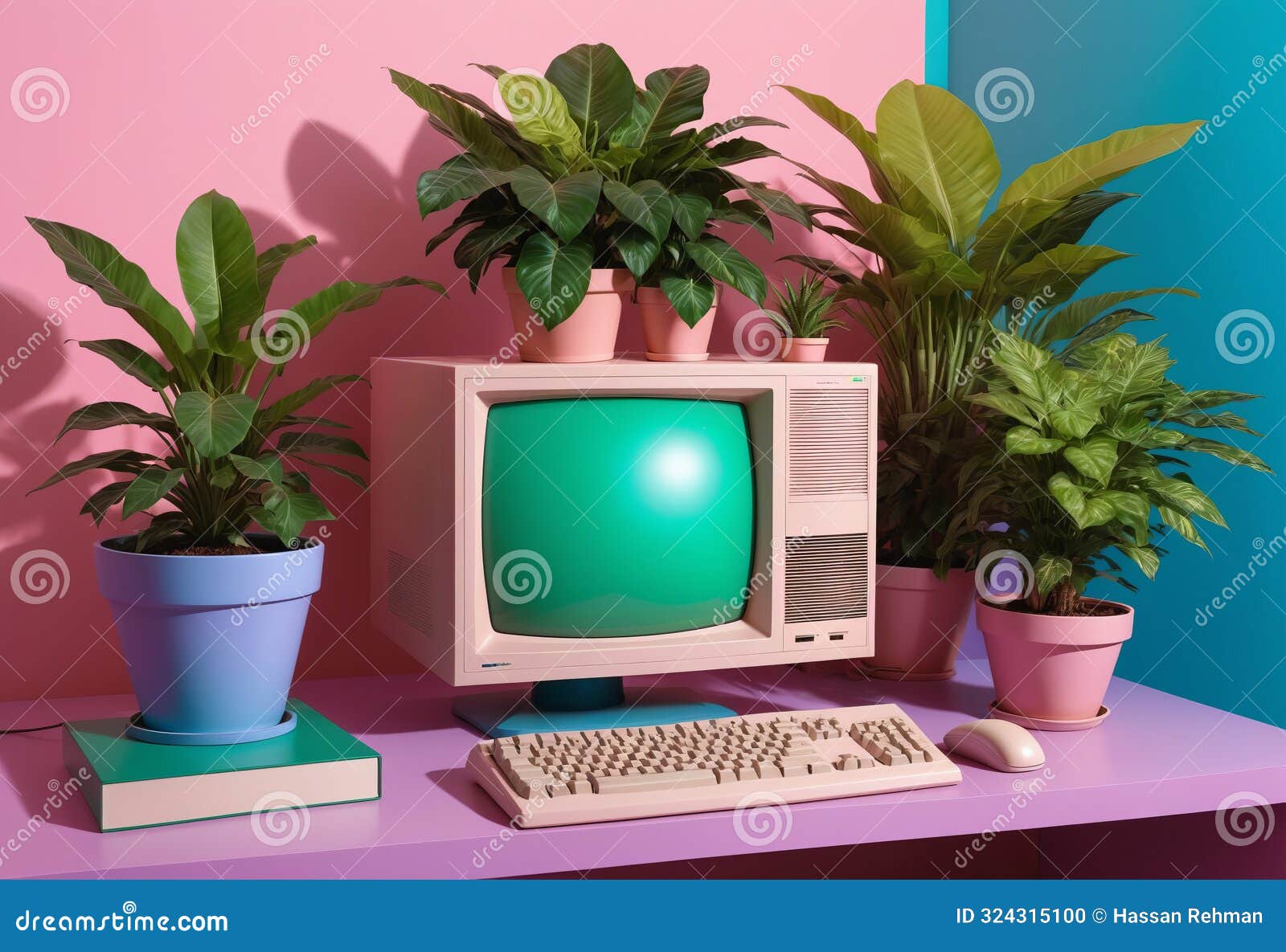 Retro Desktop Computer with Green CRT Monitor Stock Illustration ...