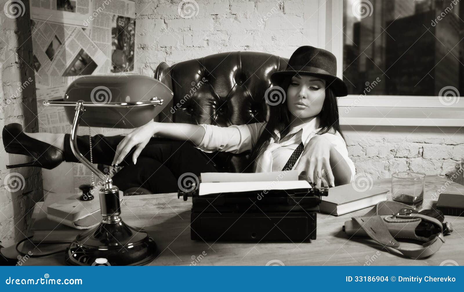 Retro Detective Girl Sits at a Table Stock Photo - Image of discovery ...