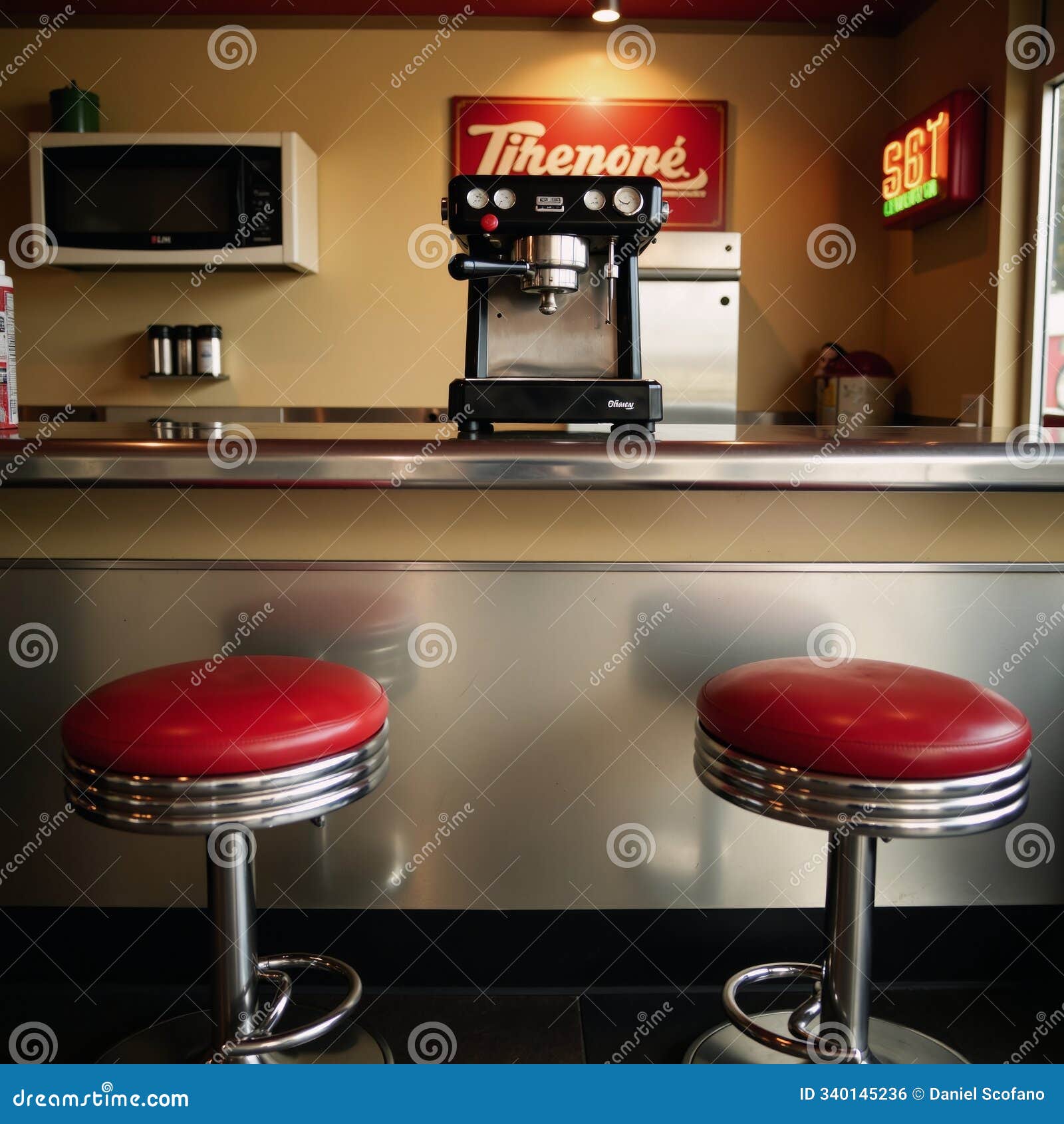 A Retro Diner Counter Featuring Coffee Maker and Stools Stock ...