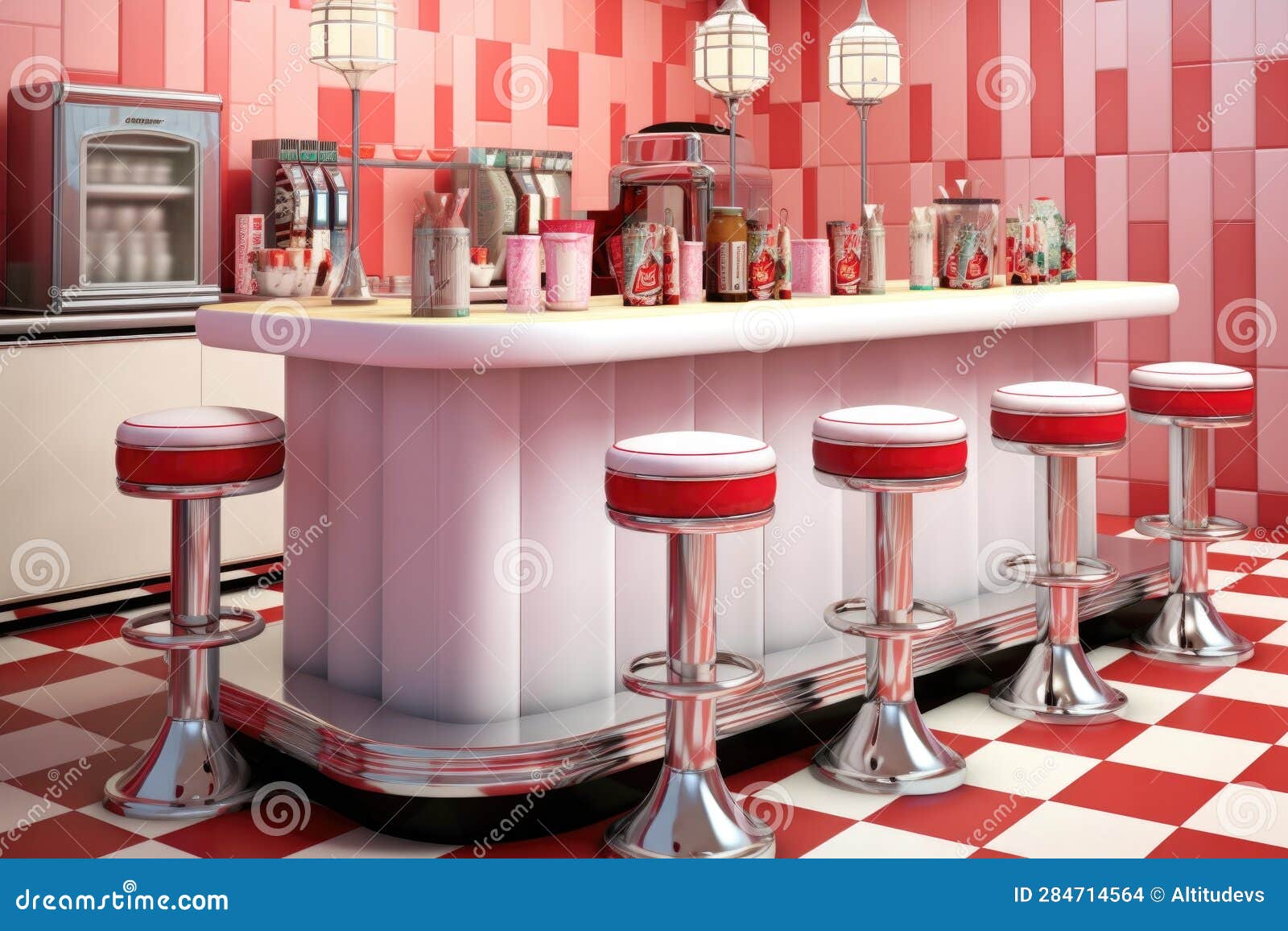 Retro Diner Counter with Stools and Milkshake Machine Stock Photo ...