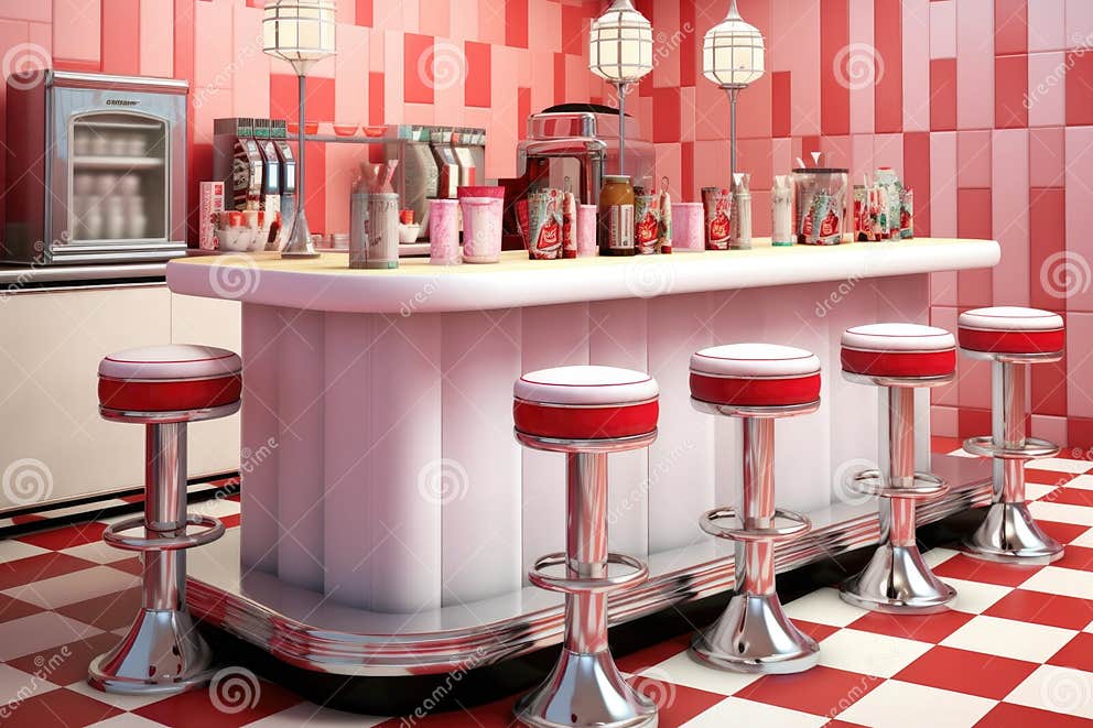 Retro Diner Counter with Stools and Milkshake Machine Stock Photo ...