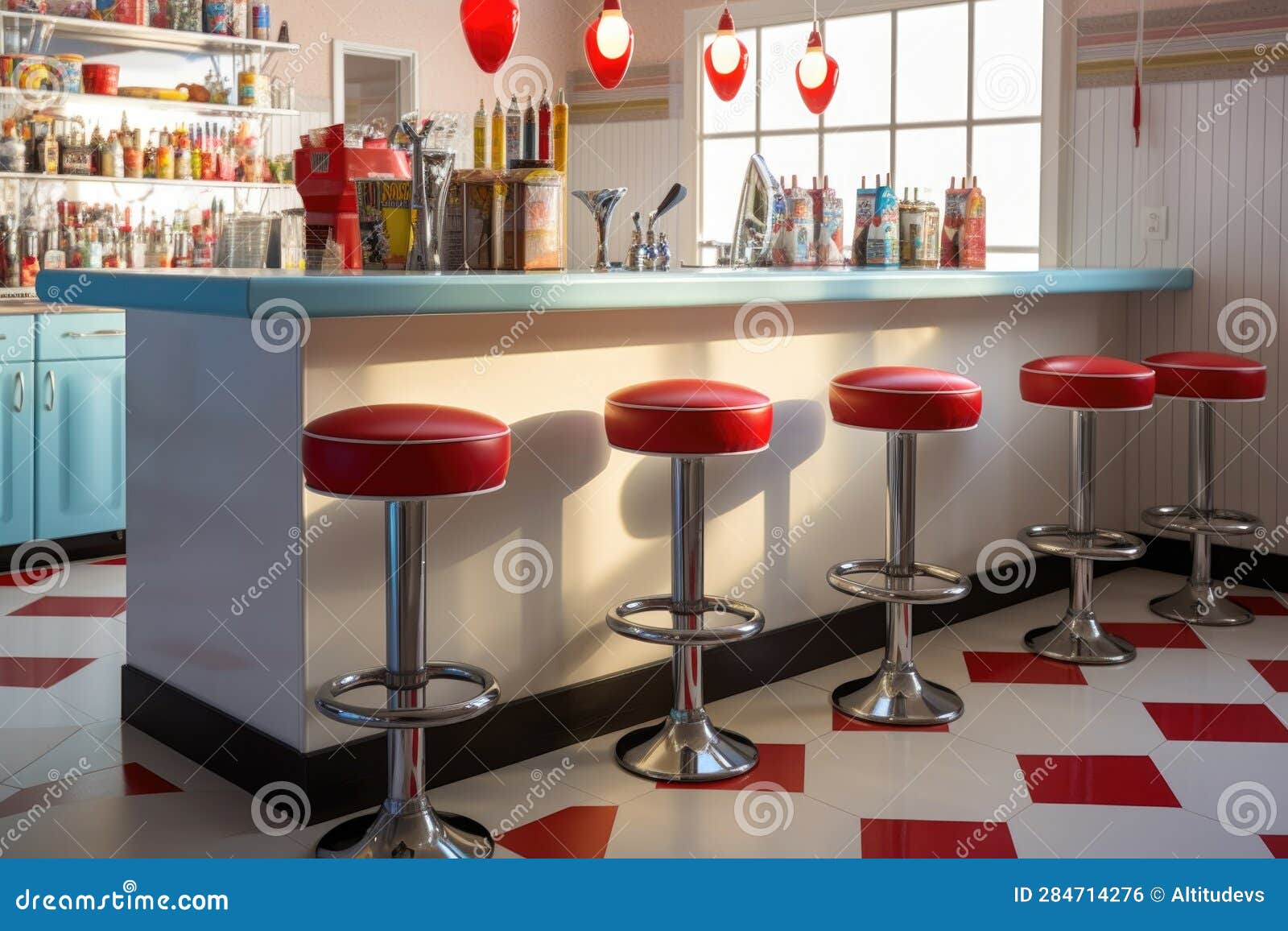 Retro Diner Counter with Stools and Milkshakes Stock Illustration ...