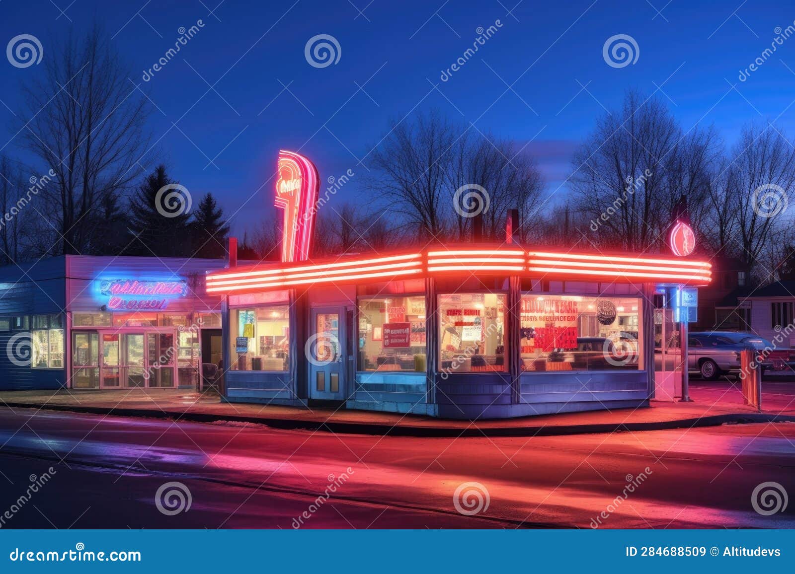 Retro Diner Exterior with Neon Signs at Night Stock Illustration ...