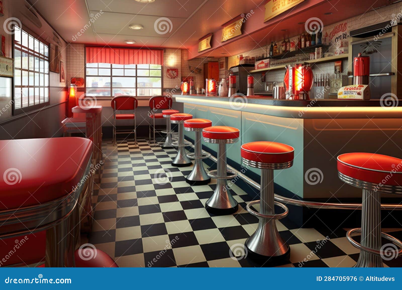 Retro Diner Interior with Checkerboard Floor and Soda Counter Stock ...