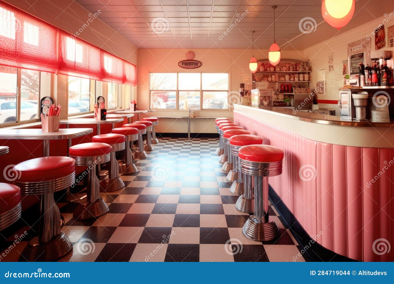 Retro Diner Interior with Checkerboard Floor and Soda Counter Stock ...