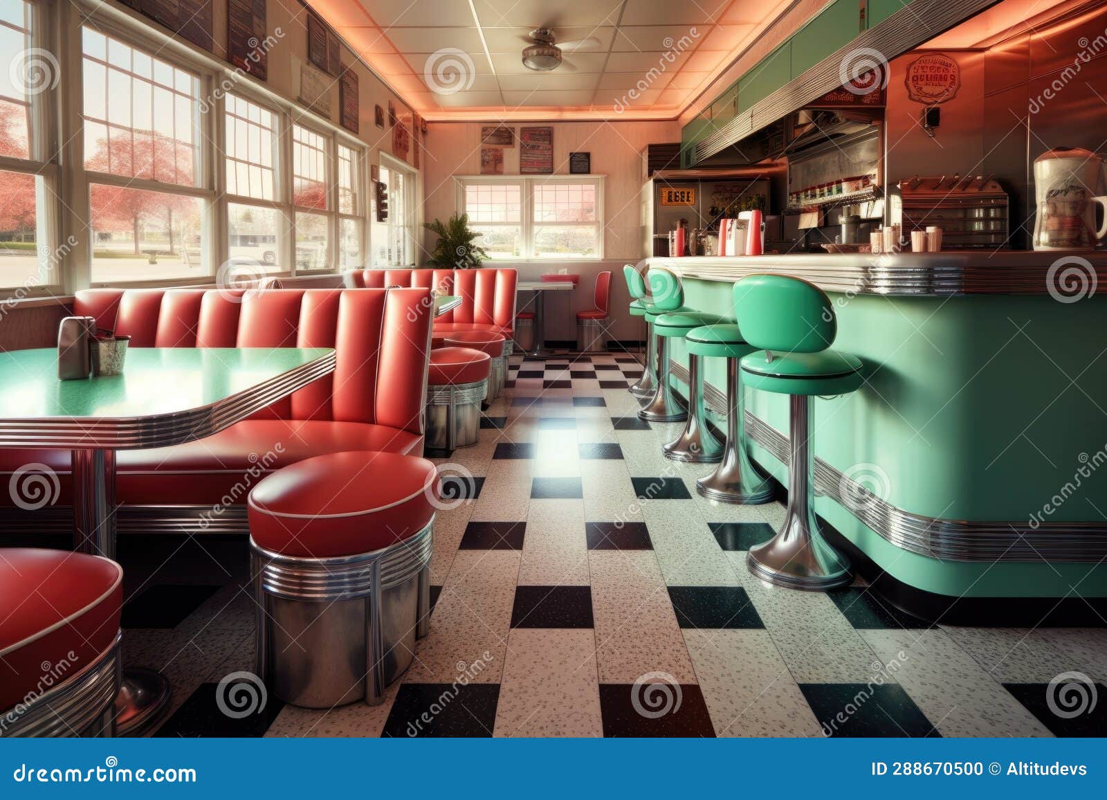 Retro Diner Interior with Checkerboard Floor and Soda Counter Stock ...