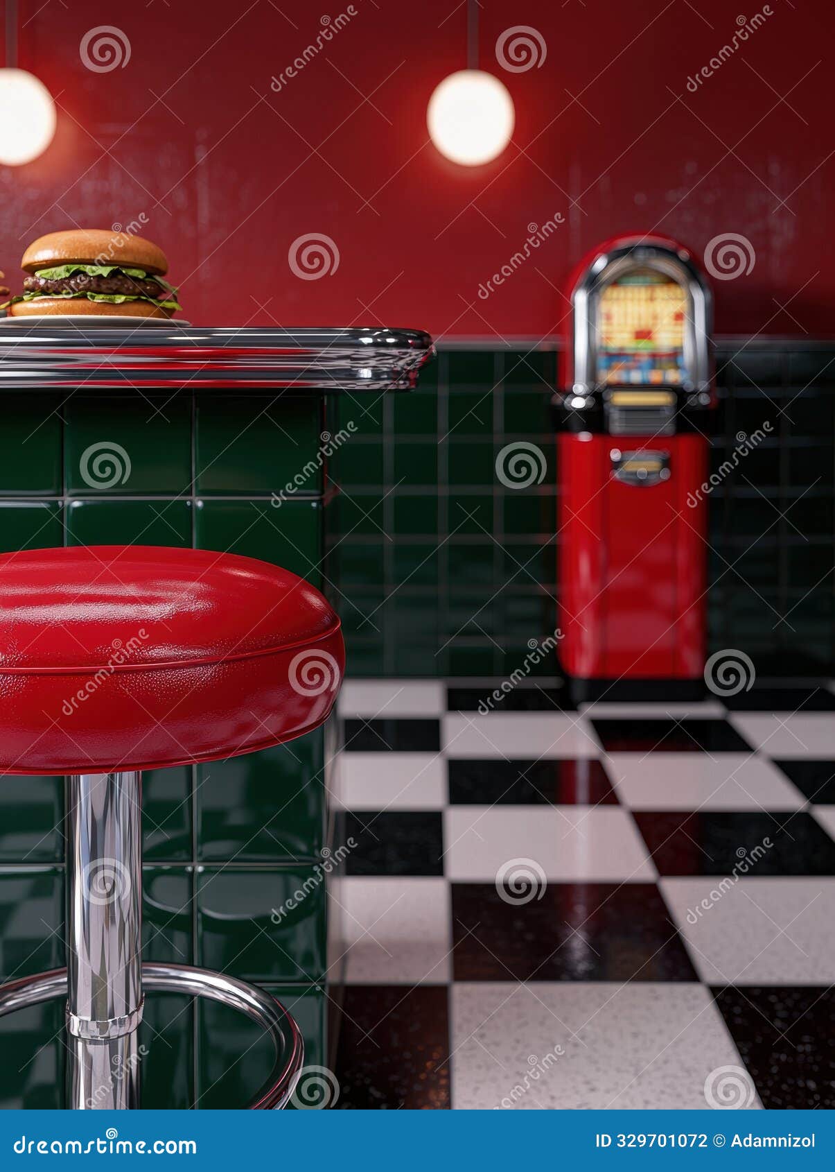 Retro Diner Interior with Classic Burger and Jukebox Stock Illustration ...