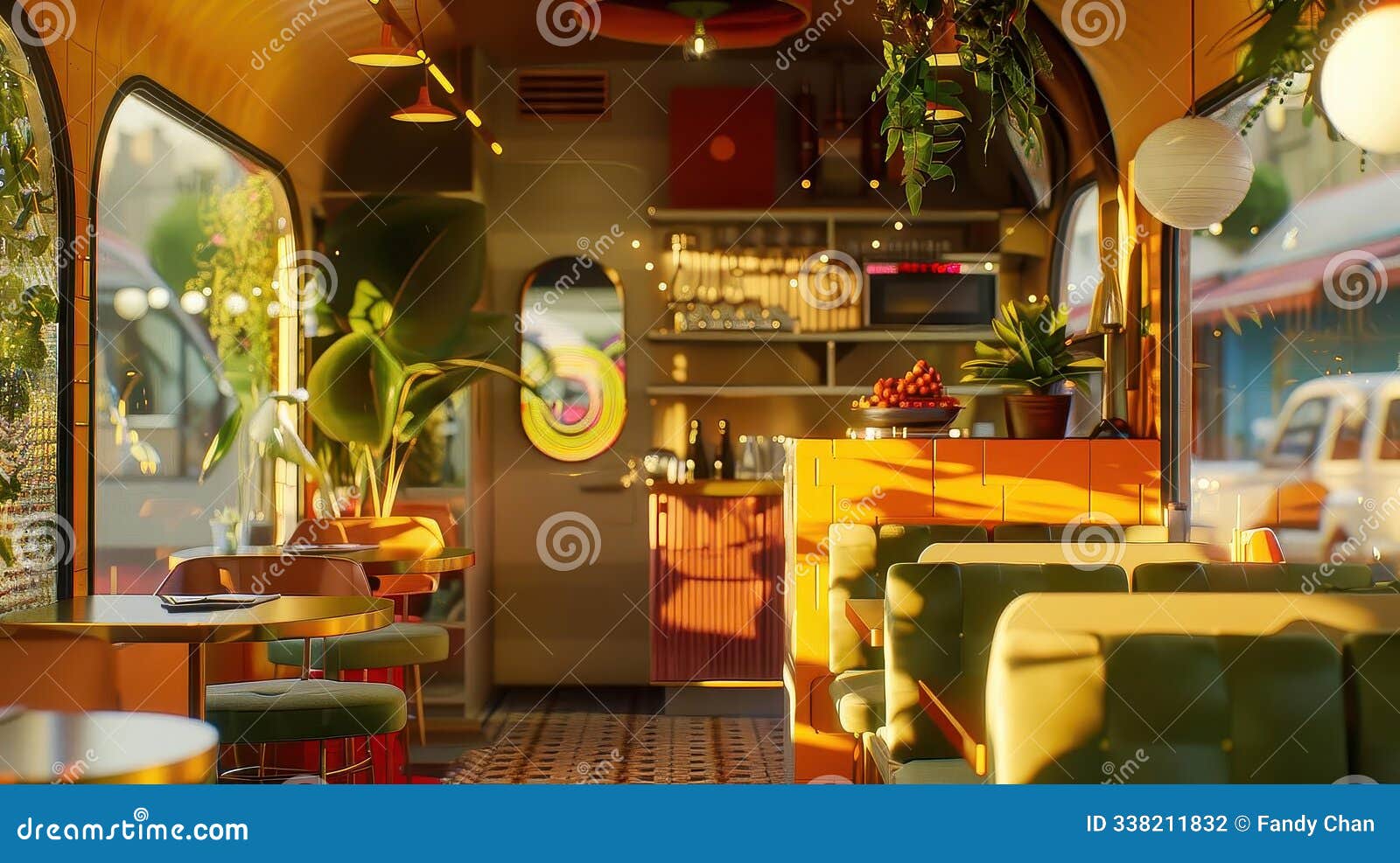 Retro Diner Interior Design, Booths, Plants, And Golden Light Royalty ...