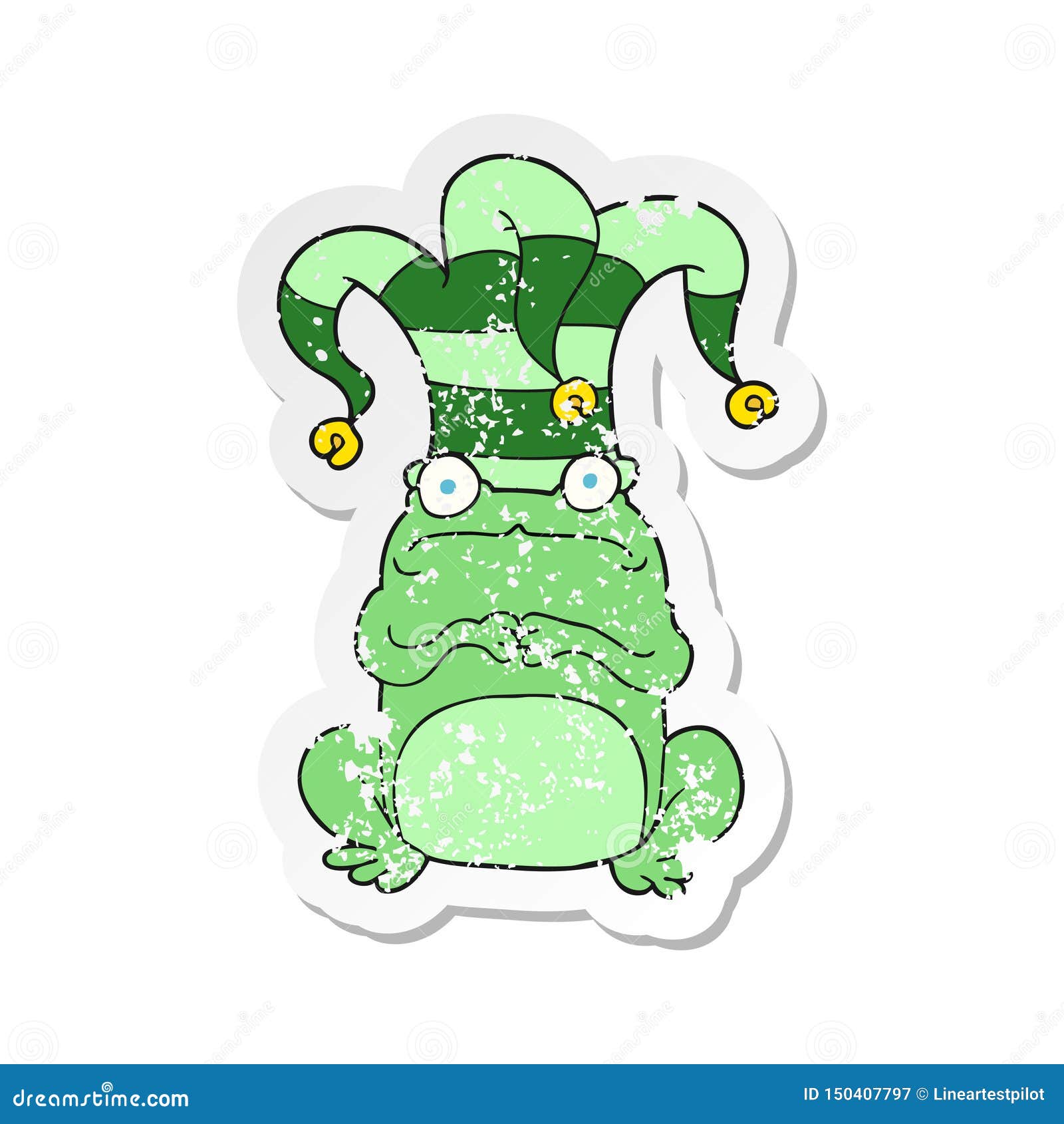 Retro Distressed Sticker of a Cartoon Nervous Frog Wearing Jester Hat ...