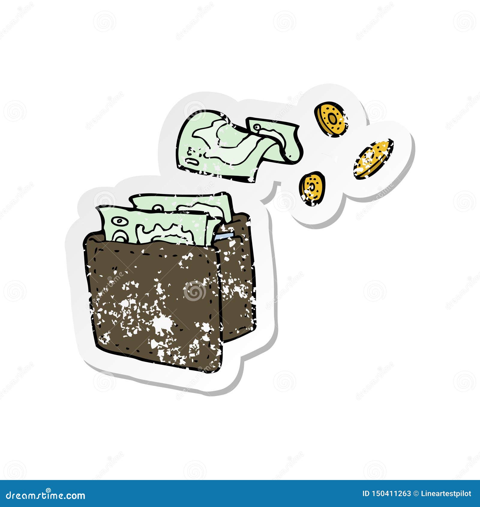 Retro Distressed Sticker of a Cartoon Wallet Spilling Money Stock ...