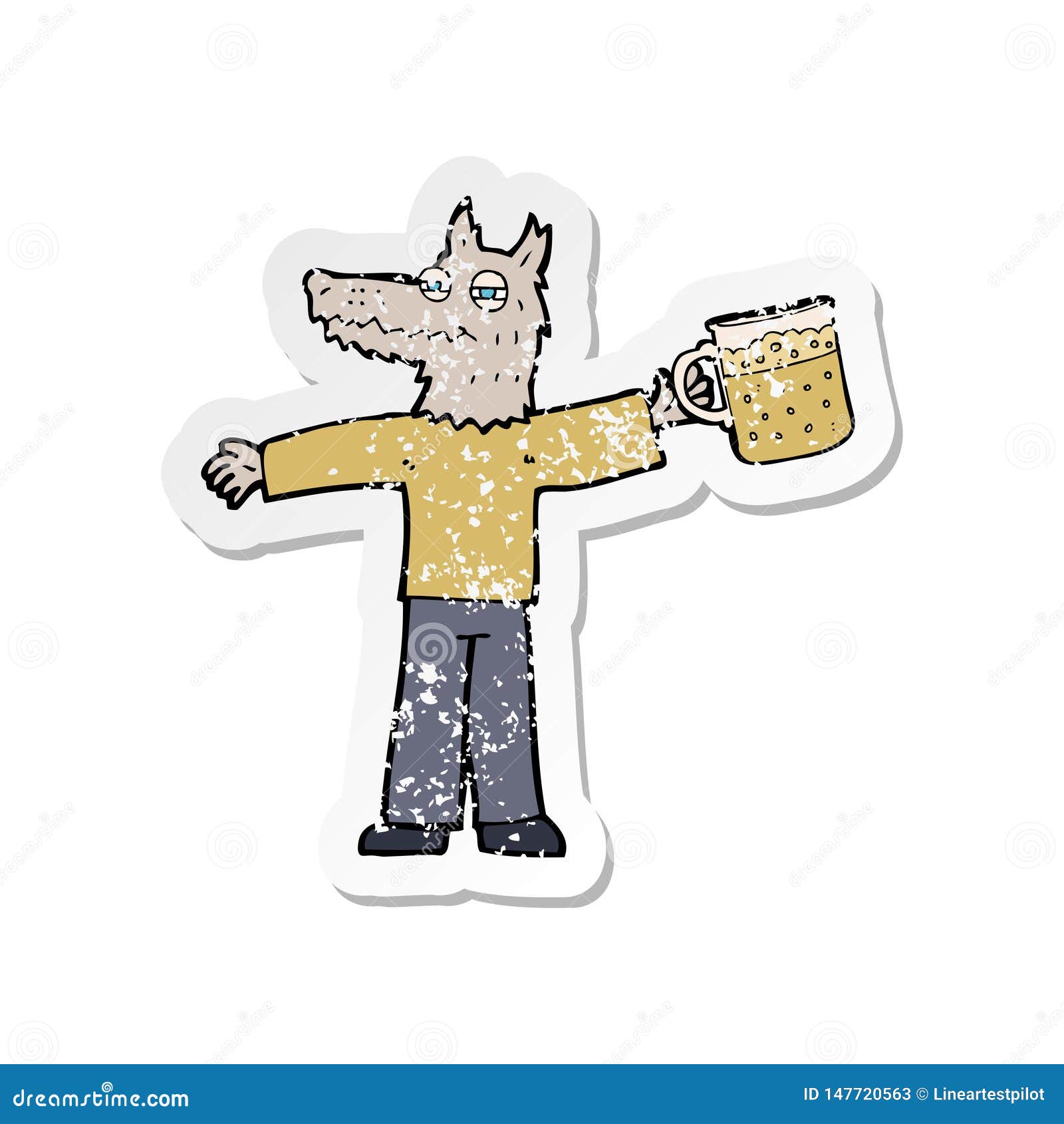 Retro Distressed Sticker of a Cartoon Wolf Man Drinking Beer Stock ...