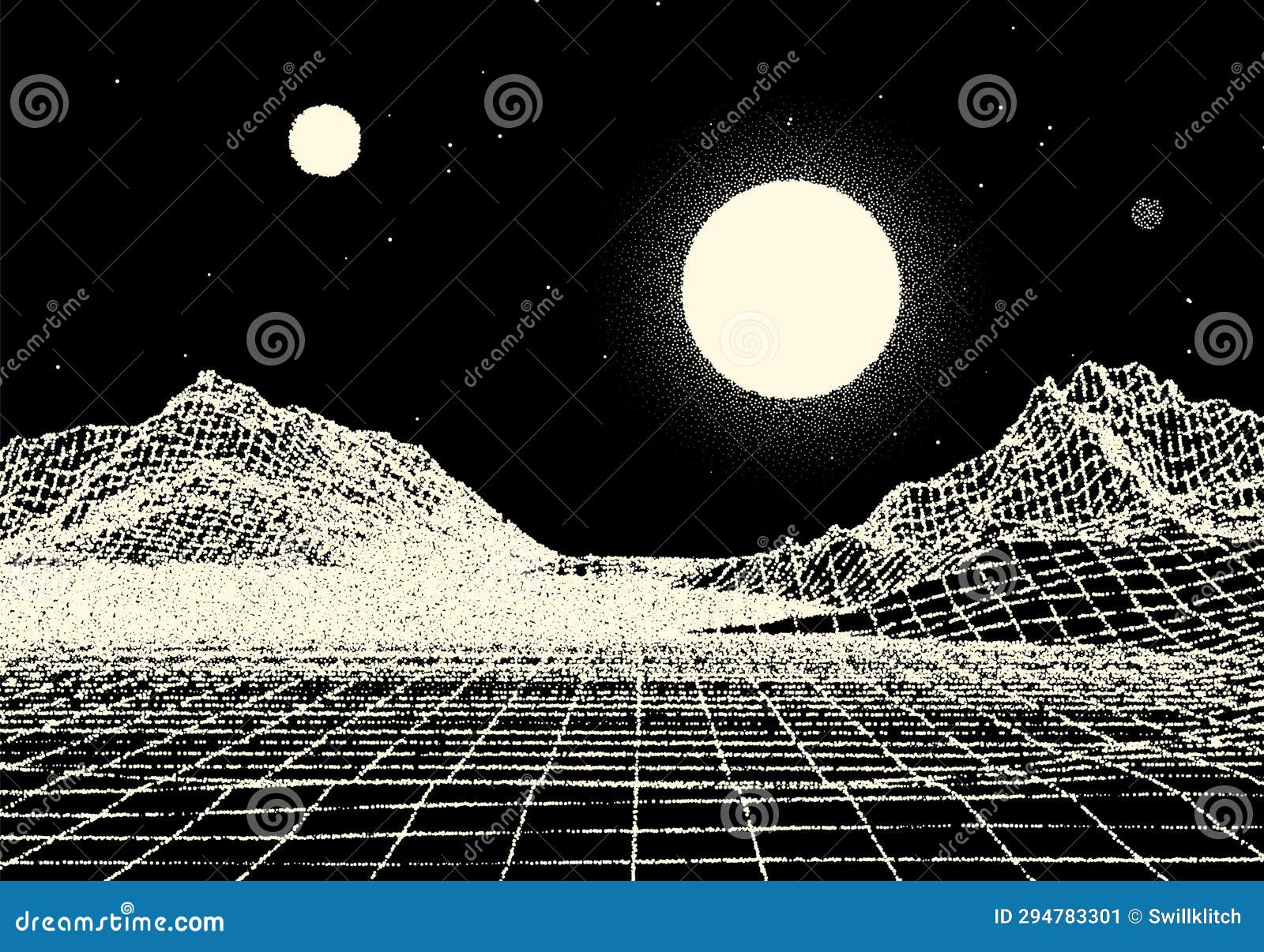 Retro Dotwork Landscape with 80s Styled Sun, Grid Mountains and Stars Background from Old Sci-fi ...