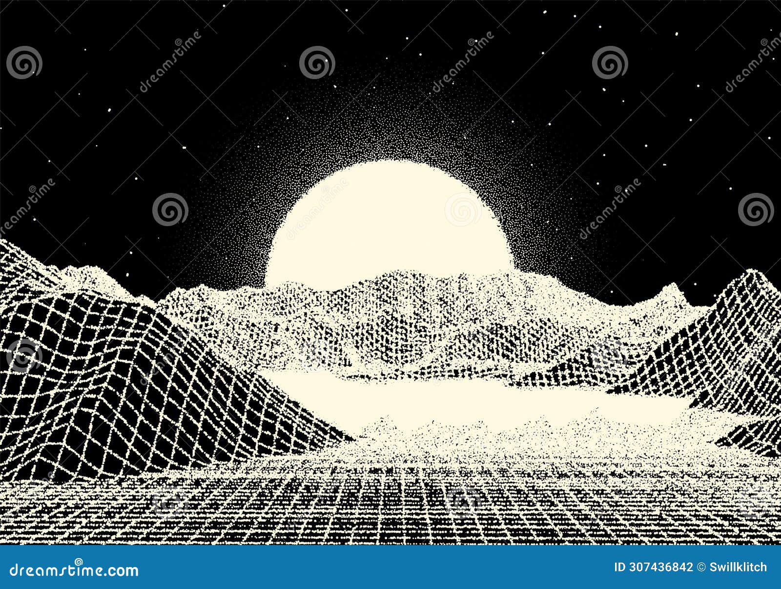 Retro Dotwork Landscape with 80s Styled Sun, Grid Mountains and Stars ...