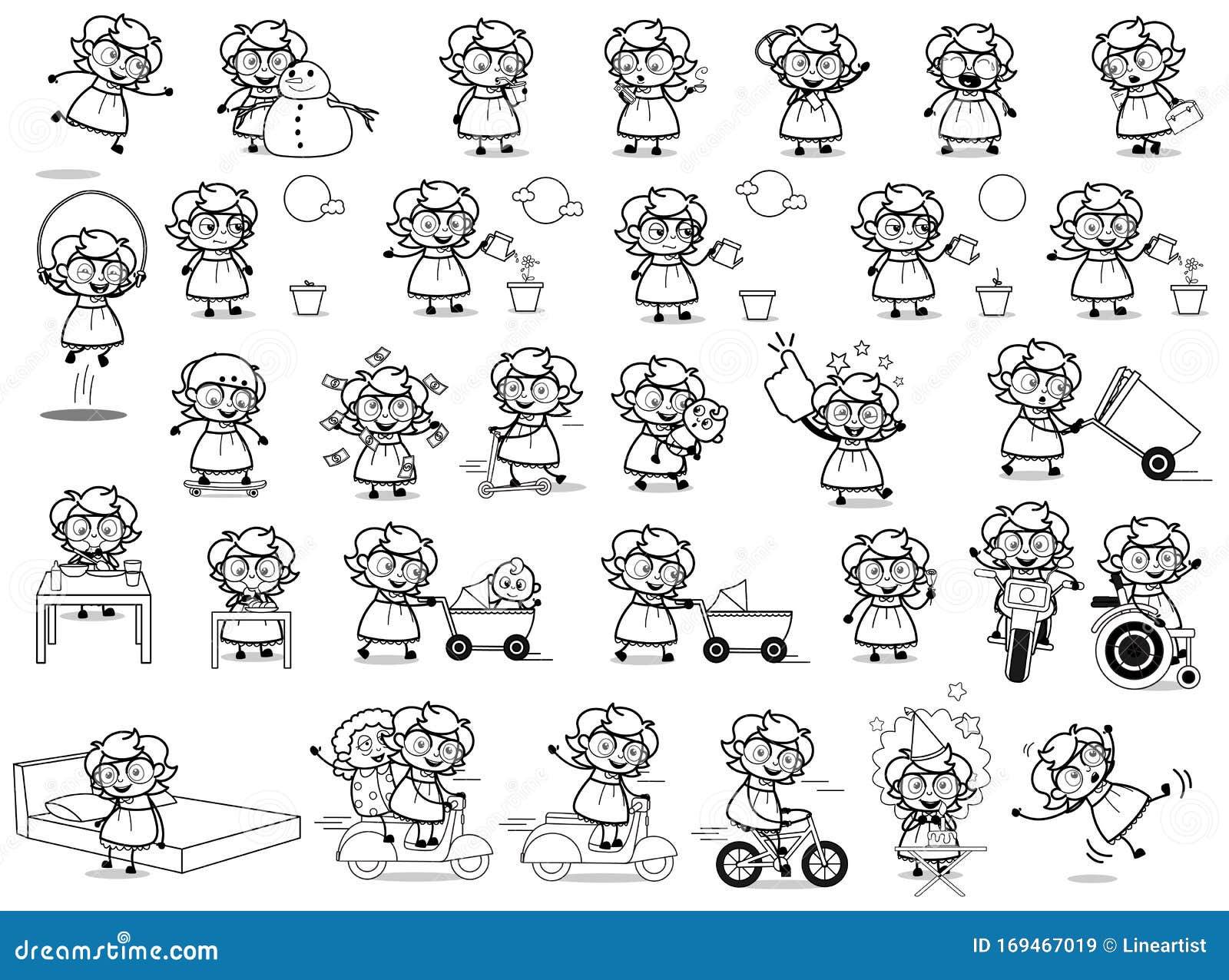 Retro Drawing of Intelligent Girl Character - Set of Concepts Vector ...