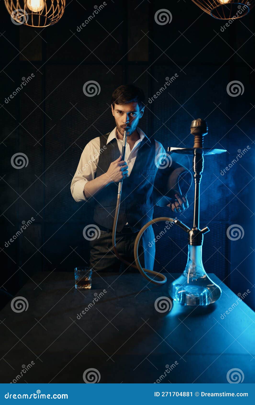 Retro Dressed Guy Smoking Hookah while Standing in Clouds of Smoke Stock Image - Image of hooka ...